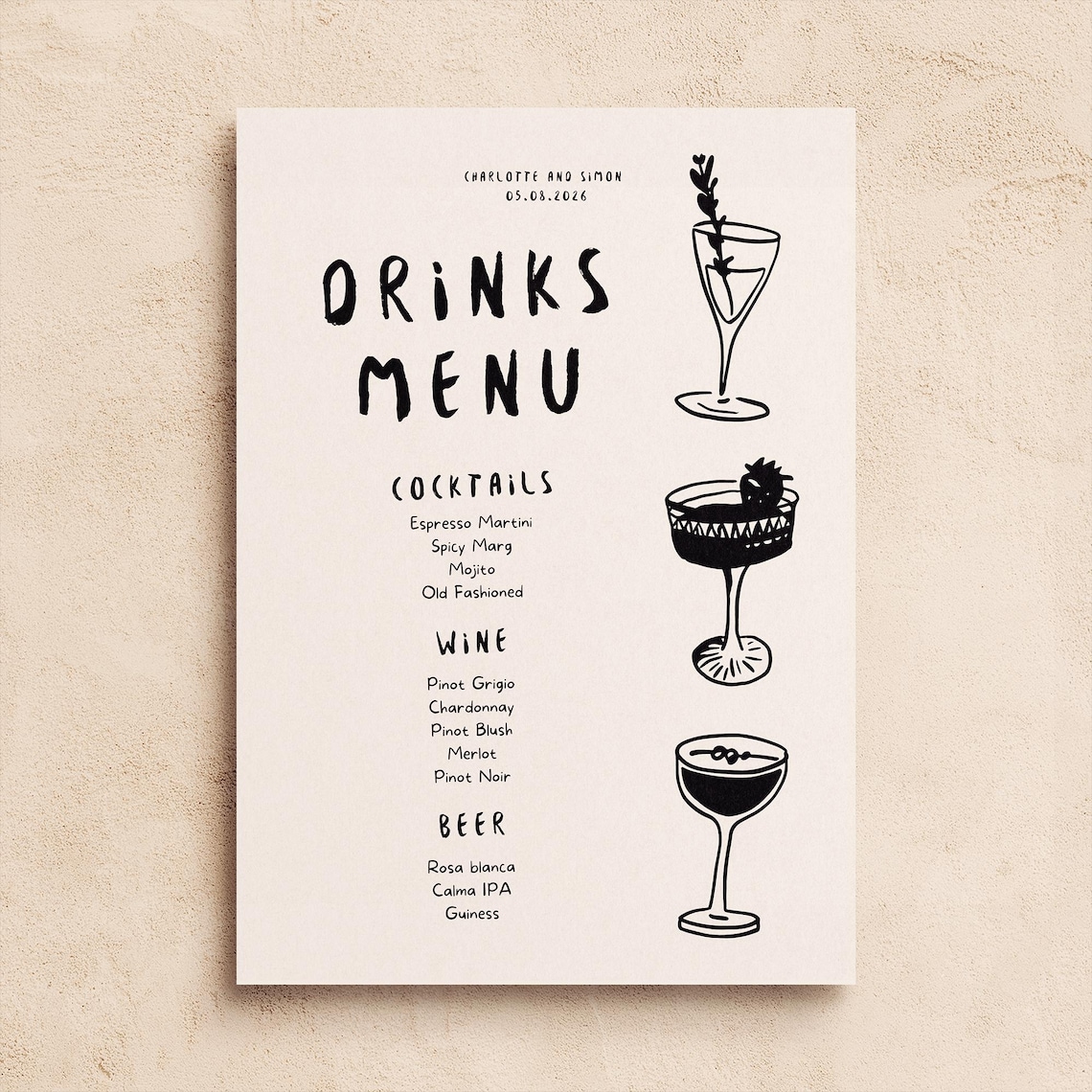 DRINKS BAR MENU Template Printable Wedding Table Decor Fun Hand Drawn ...