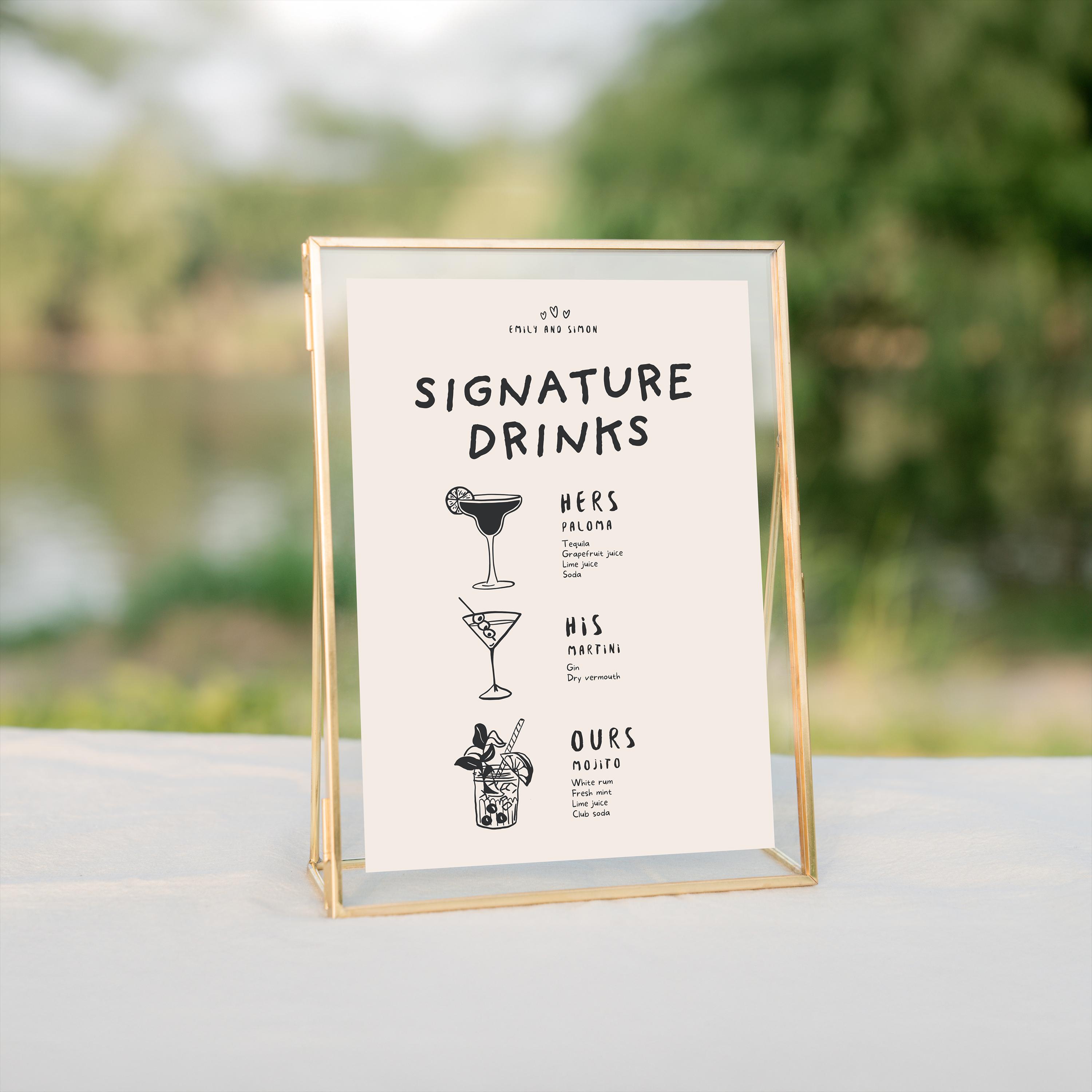 SIGNATURE COCKTAIL MENU Template | Illustrated Printable Wedding Sign ...