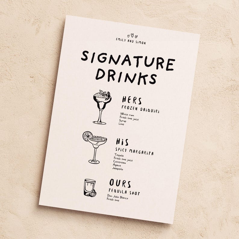 SIGNATURE COCKTAIL MENU Template | Illustrated Printable Wedding Sign ...