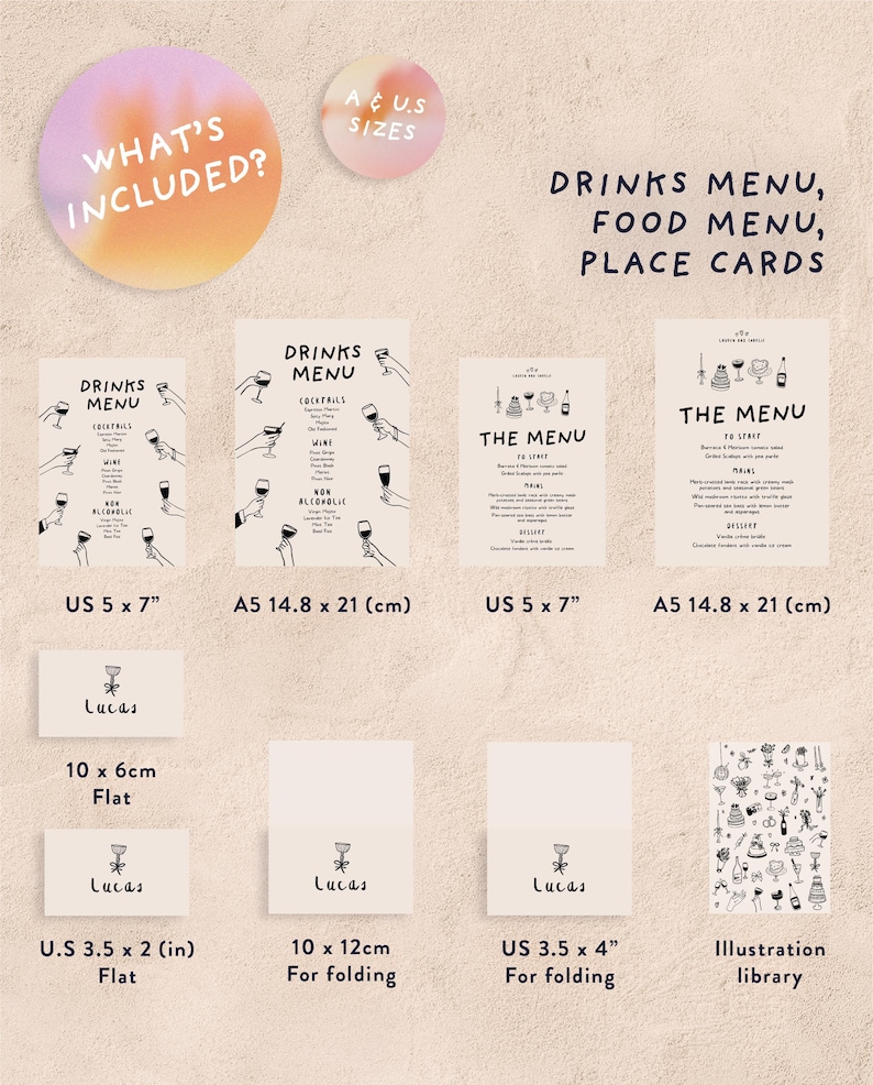 Illustrated Menu + Place Cards Printable Template | Hand Drawn Food and ...