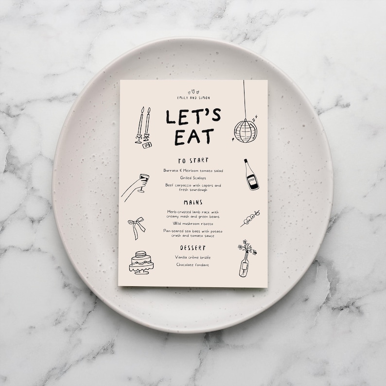 Illustrated Menu + Place Cards Template | Hand-drawn Printable Wedding ...