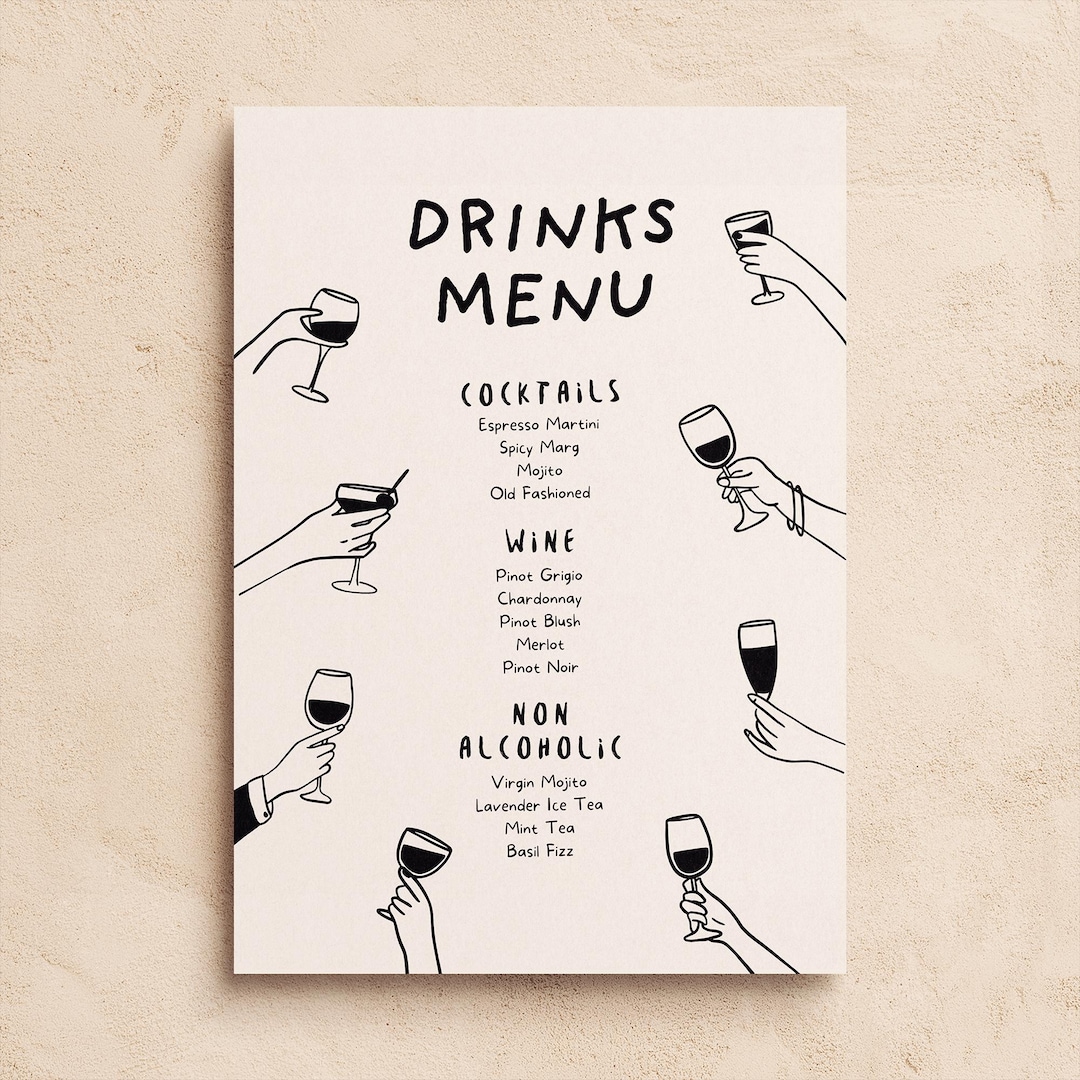 DRINKS MENU Template | Printable Wedding Cocktail Sign | Hand Drawn ...