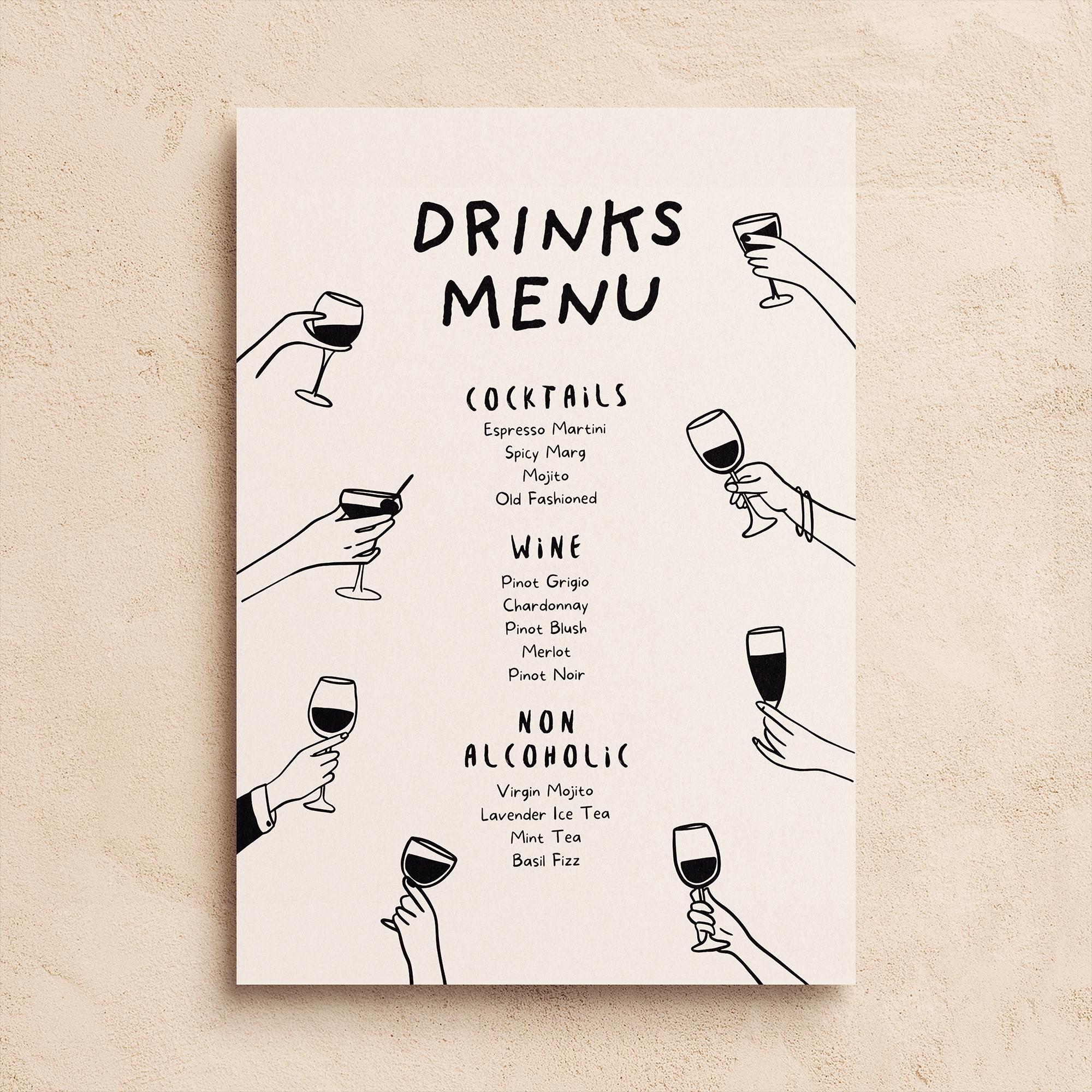 DRINKS MENU Template | Printable Wedding Cocktail Sign | Hand Drawn ...