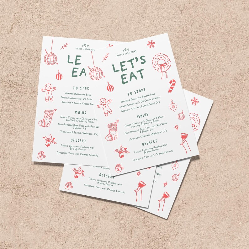 Illustrated Christmas Menu + Place Cards Template | Hand-drawn ...