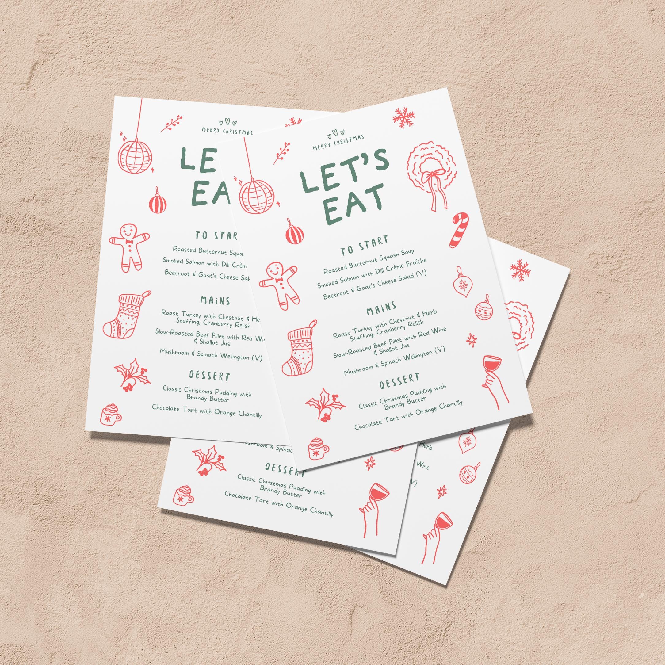 Illustrated Christmas Menu + Place Cards Template | Hand-drawn ...