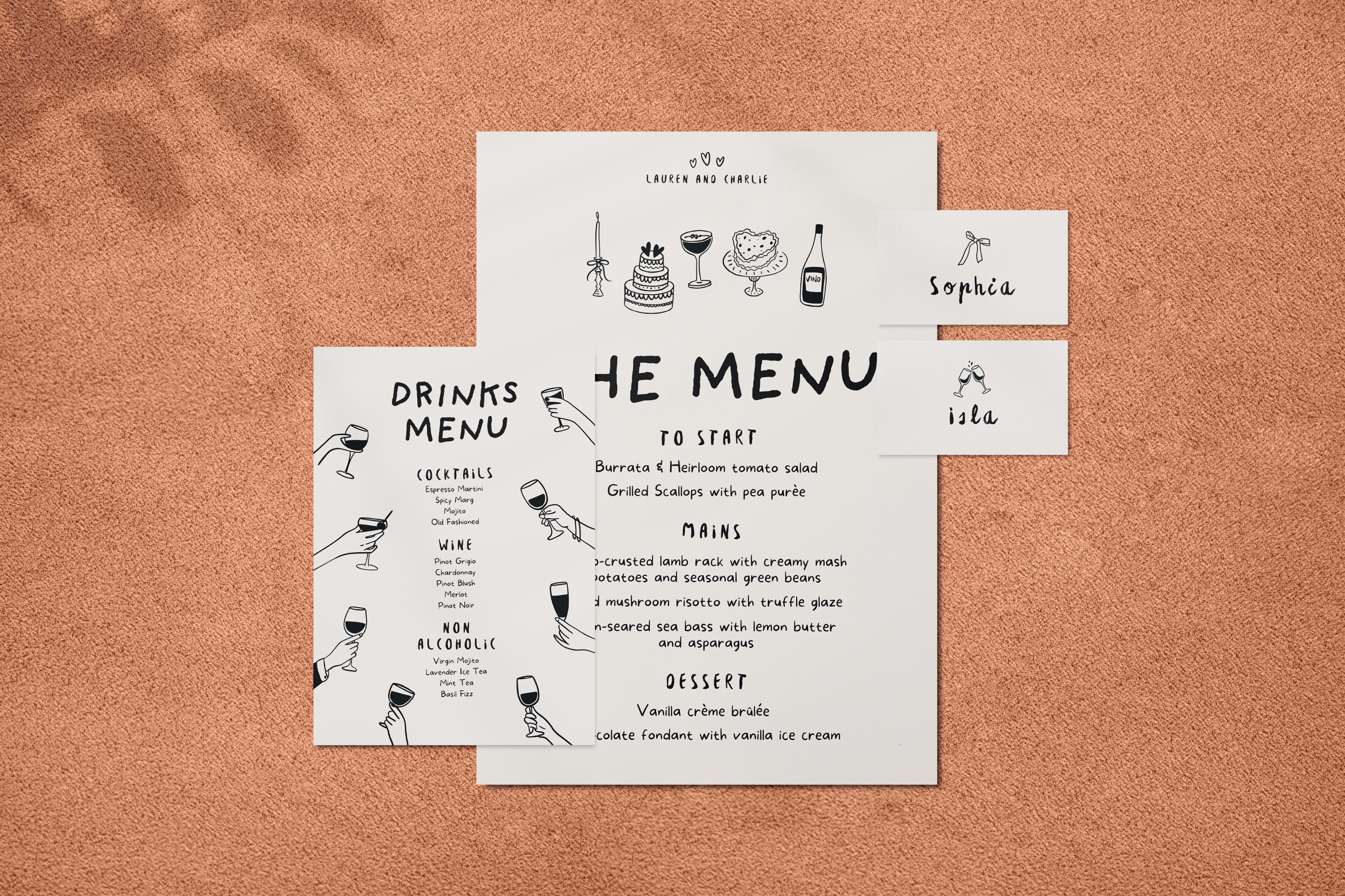 Illustrated Menu + Place Cards Printable Template | Hand Drawn Food and ...