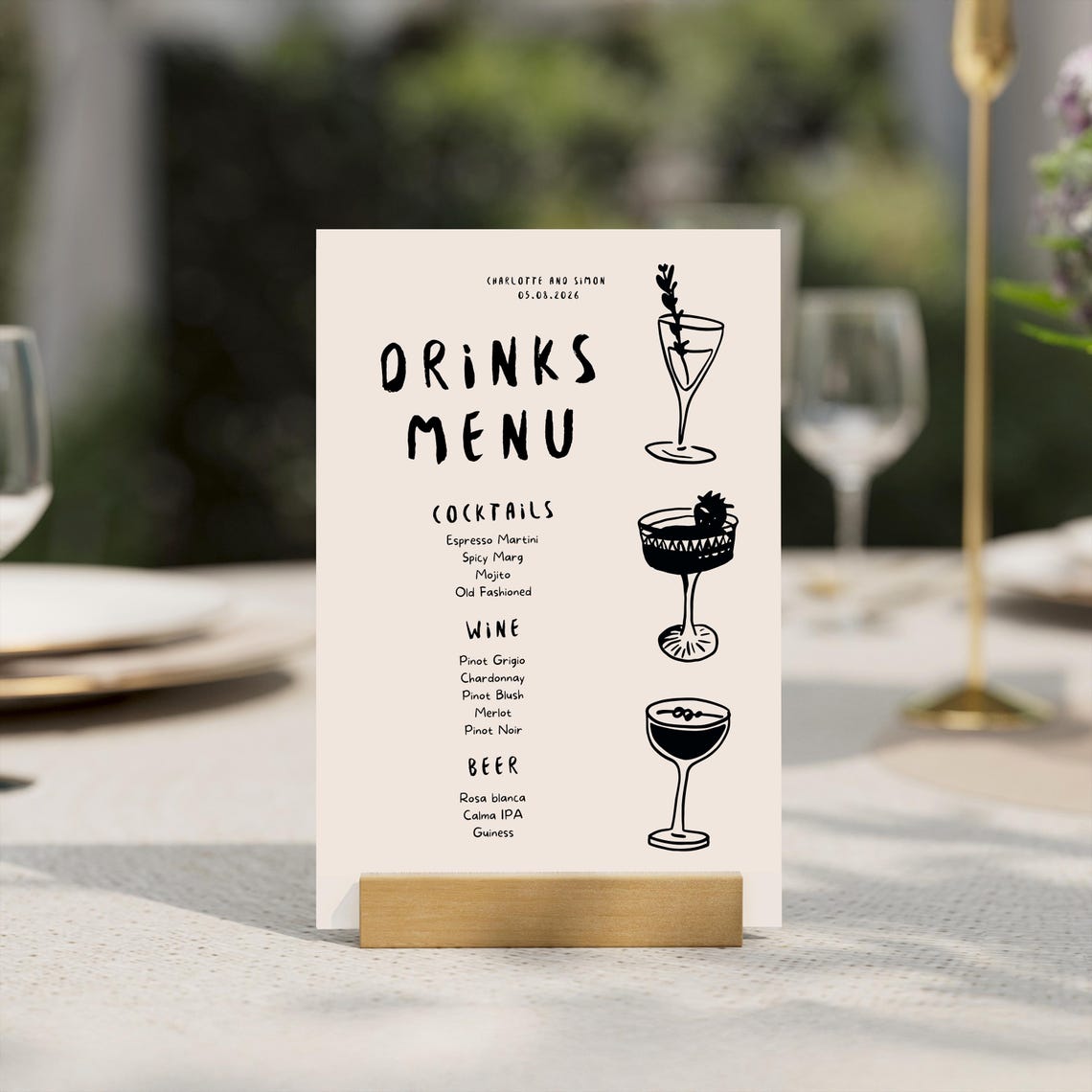DRINKS BAR MENU Template Printable Wedding Table Decor Fun Hand Drawn Illustrated Event Bar ...