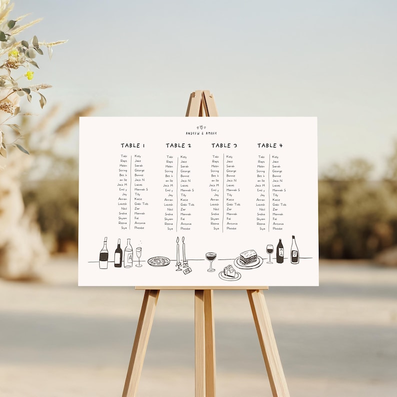 Hand-drawn Wedding Seating Chart Template: Playful Illustrated Table ...
