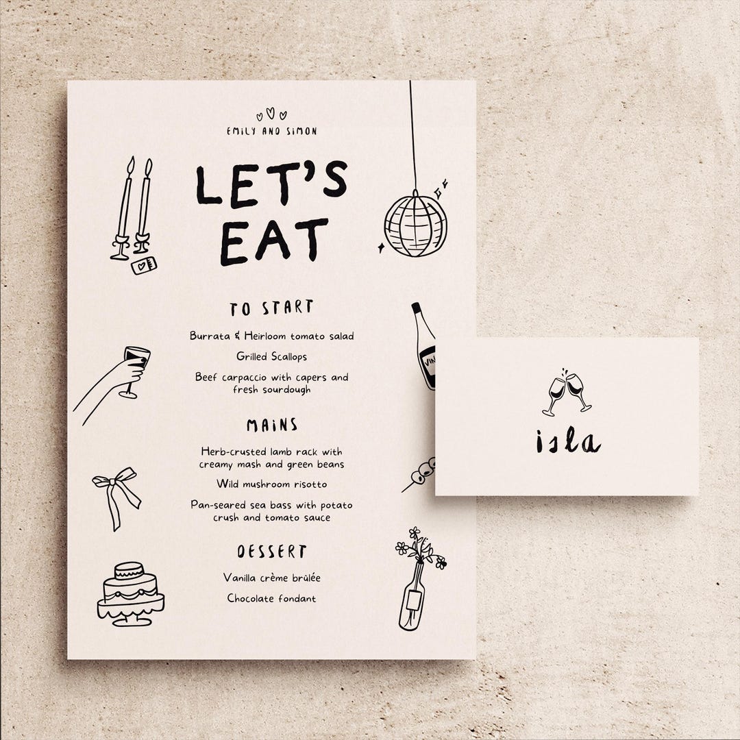 MENU + PLACE CARDS Template | Printable Table Decor | Fun Doodle Hand ...