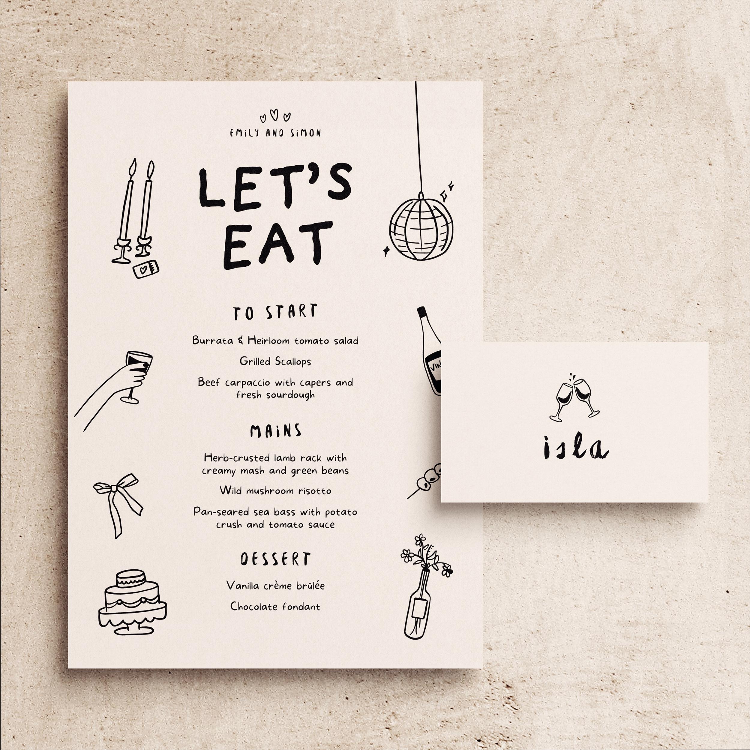 MENU + PLACE CARDS Template | Printable Table Decor | Fun Doodle Hand ...