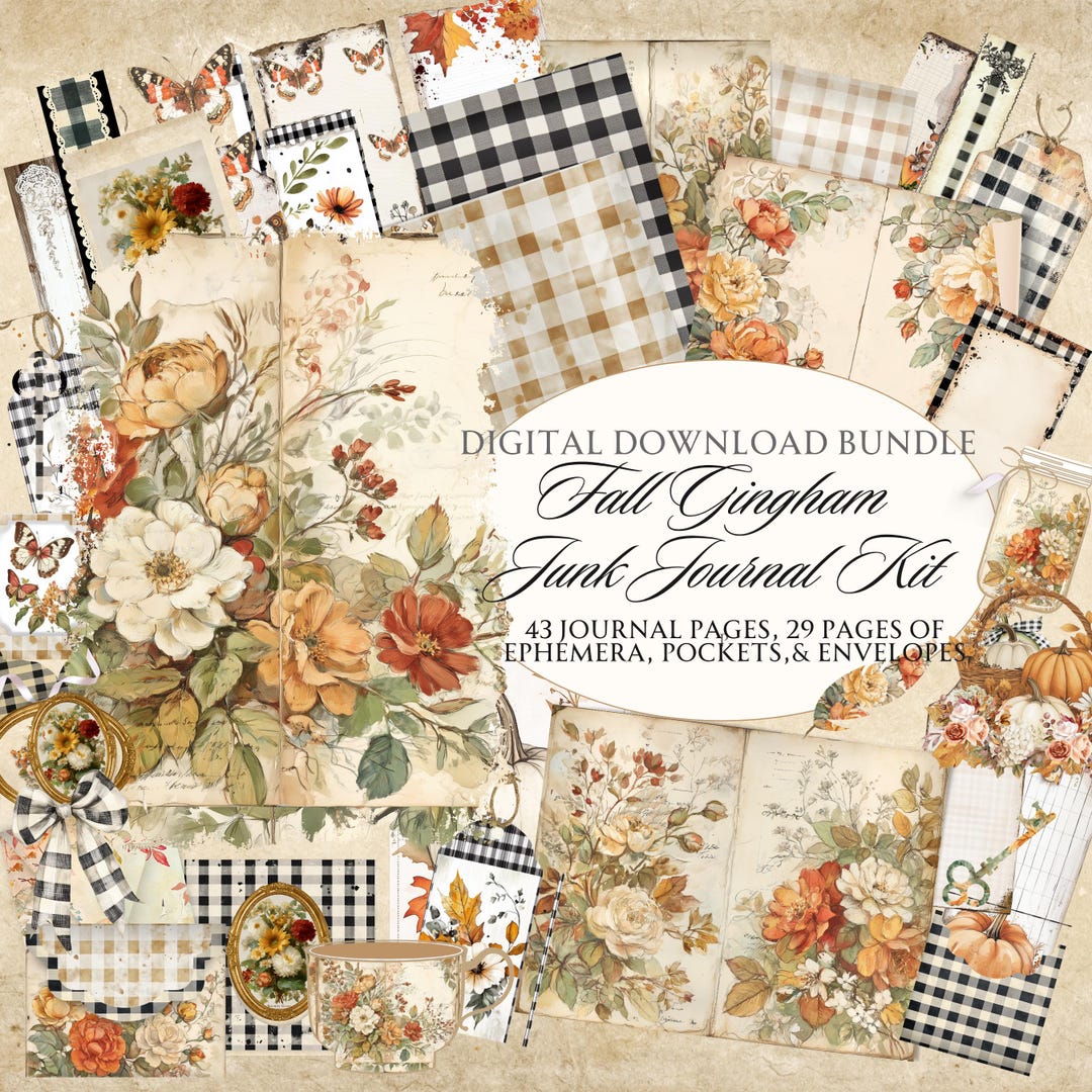 Vintage Fall Junk Journal Kit: Floral Gingham Ephemera (digital ...