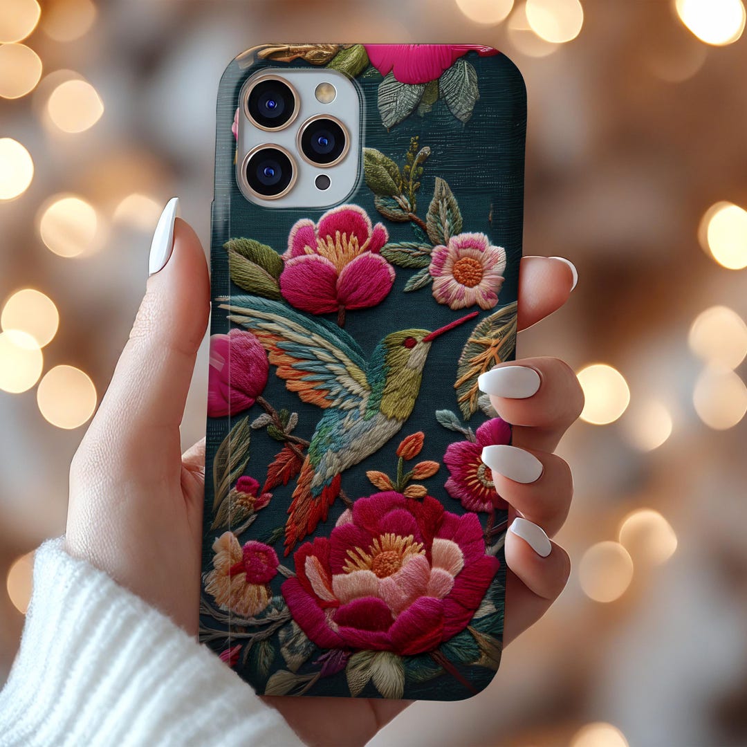 Hummingbird Floral Phone Case: Embroidery-inspired Tough Case - Etsy