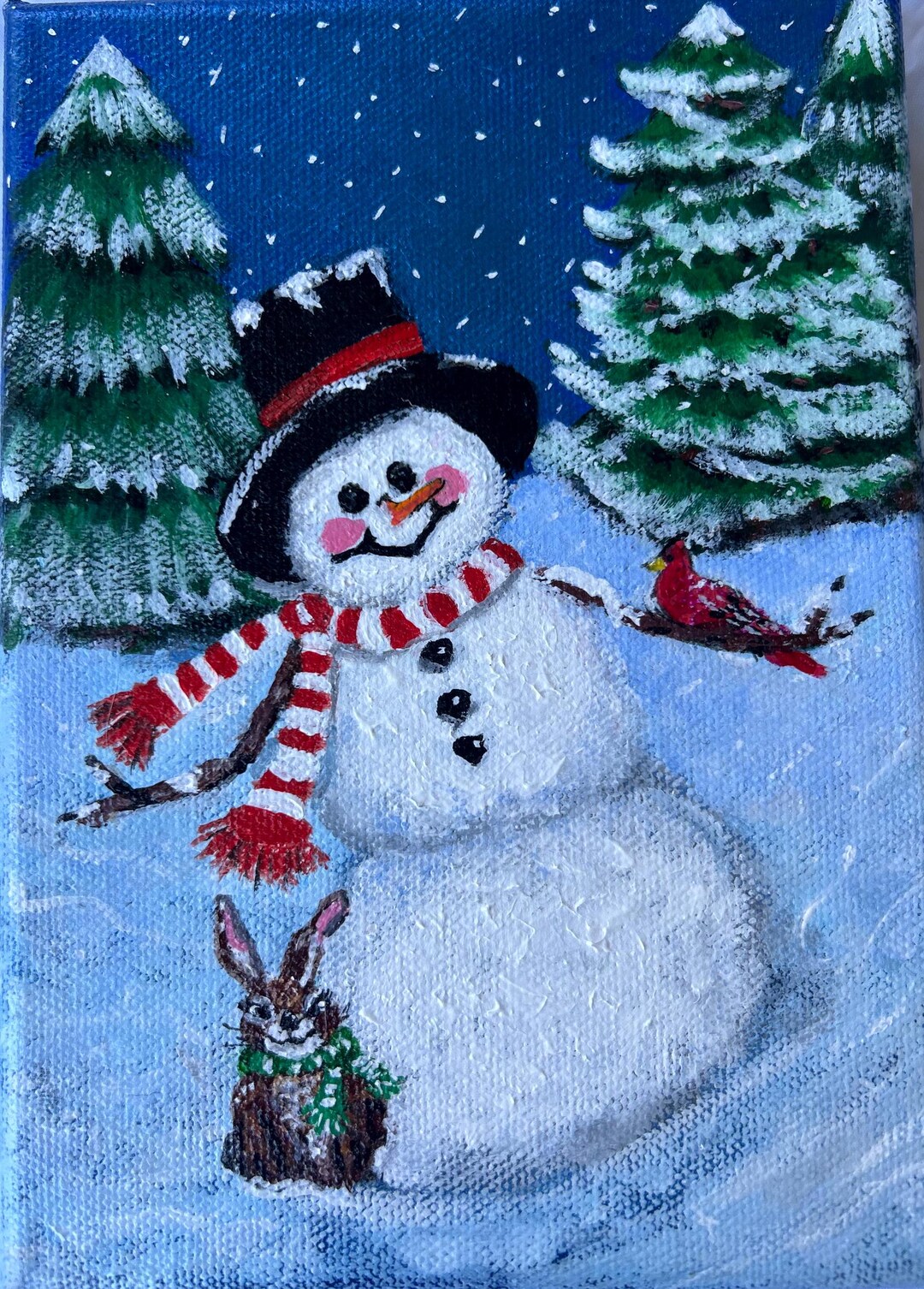 Snowman With Cardinal and Bunny Friends in a Winter Wonderland Original ...