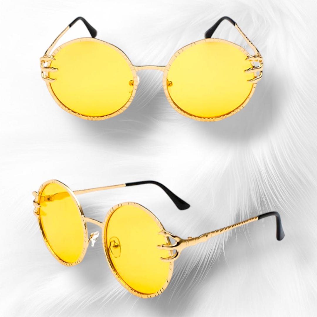 Gold Yellow Retro Skull Claw Round Sunglasses, Steampunk Glasses for ...