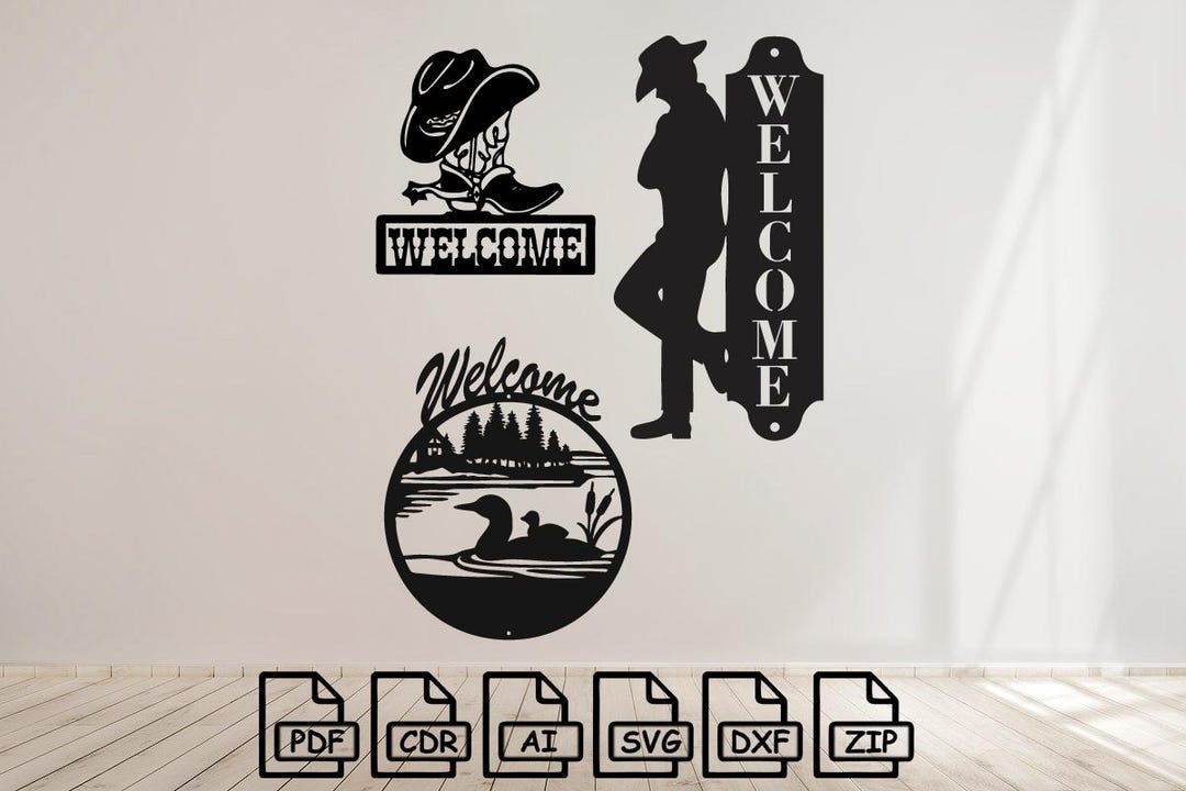 Welcome Sign (3pcs) Cut Svg Dxf File Wall Sticker Pdf Silhouette ...
