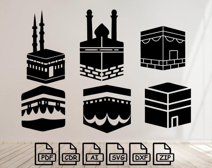 Kaaba Svg, Islamic Wall Art (6 Pcs) Cut Svg Dxf File Wall Sticker Pdf ...