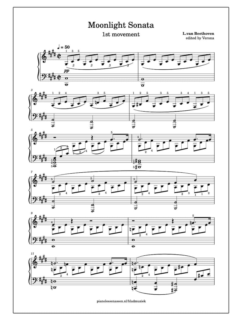Moonlight Sonata Beethoven Piano Sheet Music With Fingering Wider ...