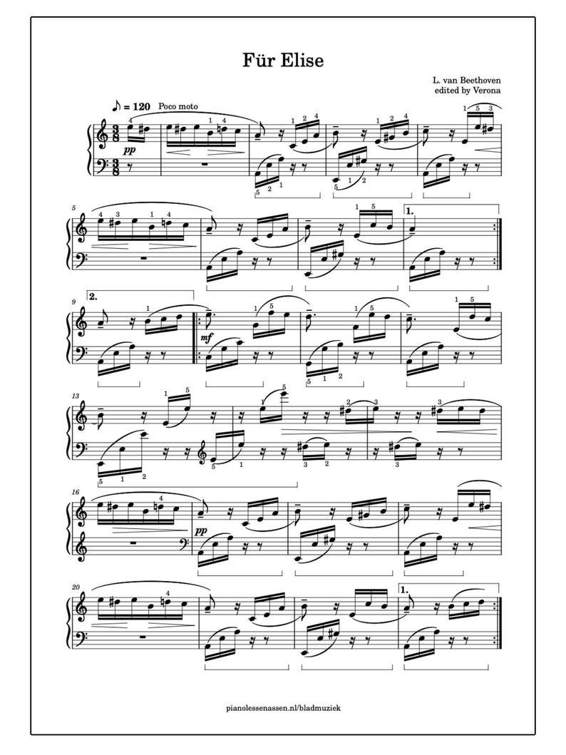 Für Elise - BEETHOVEN | Piano Sheet Music With Fingering and Pedal ...