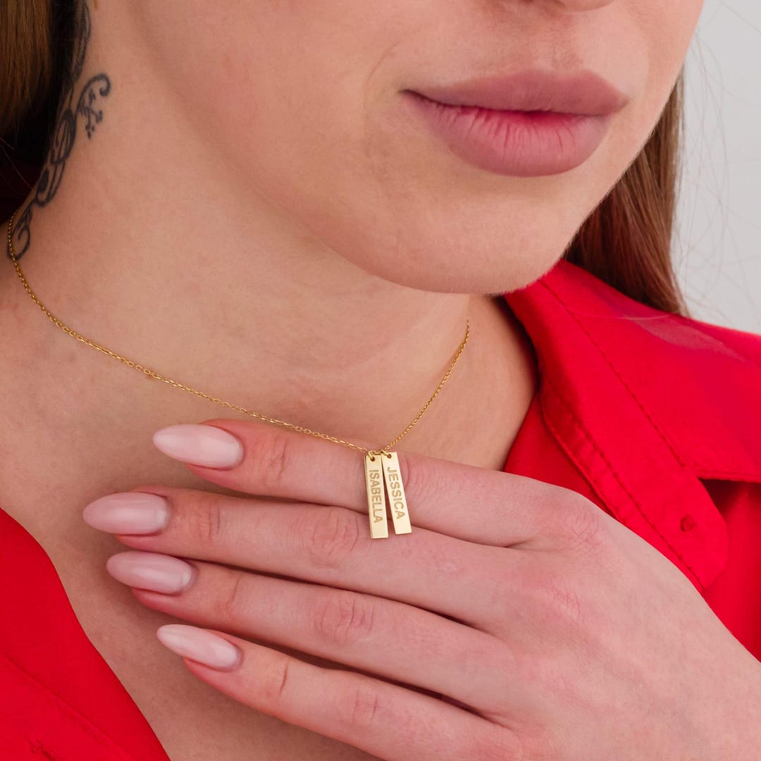 Vertical 14K Gold Name Bar Pendant, Custom Name Necklace, Name Engraved ...