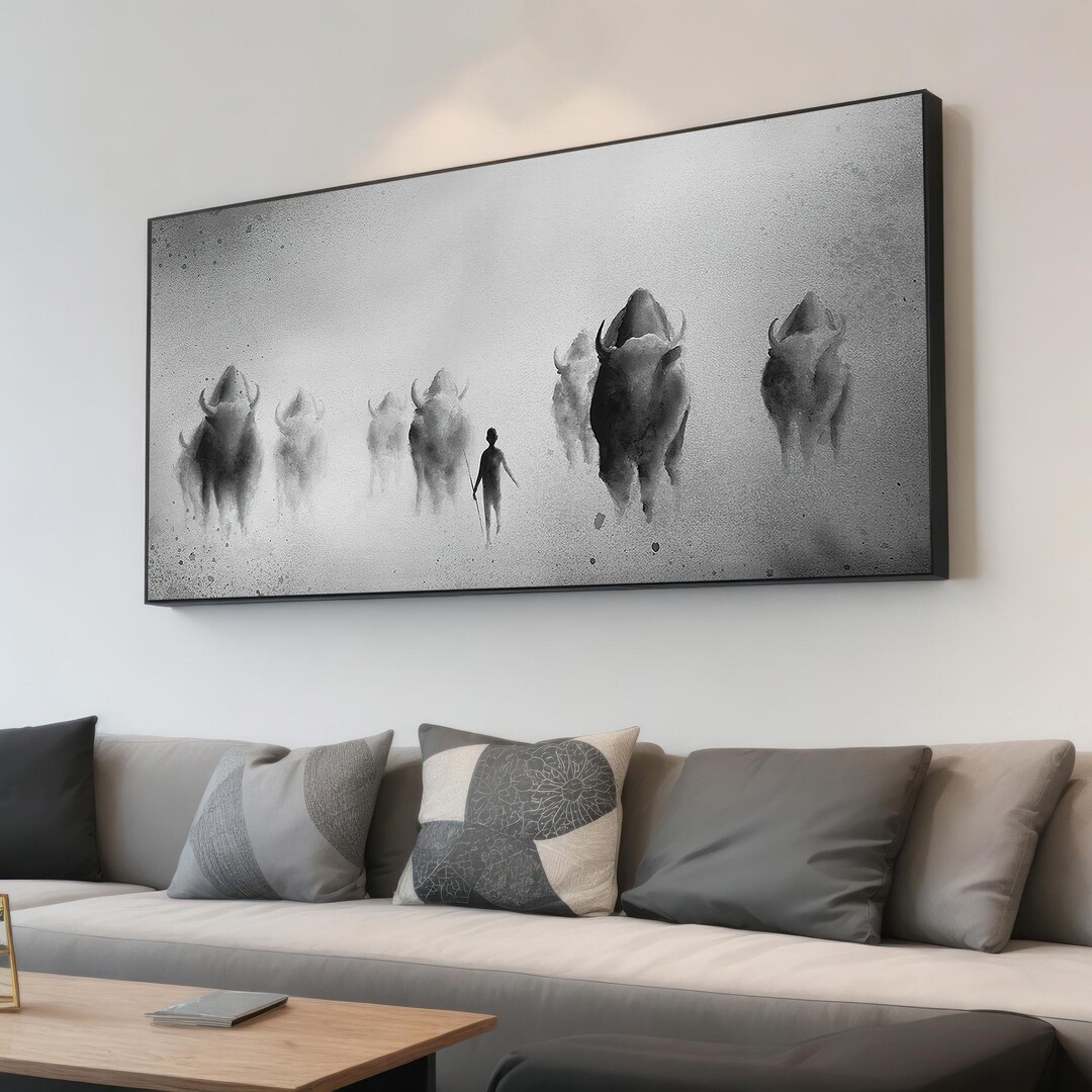 Herd of Bison Running Calligraphic Wall Art Print on Canvas, American ...