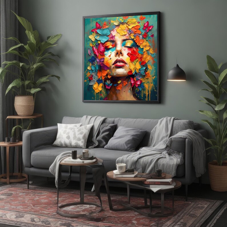 Girl With Colorful Butterflies Flying on Her Head Wall Art Print on ...