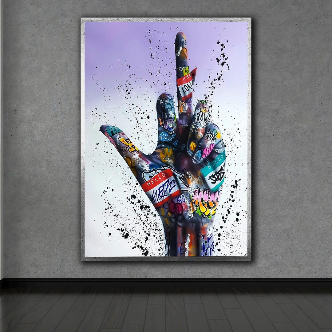 Vibrant Graffiti Middle Finger Gesture Wall Art Print on Canvas, Banksy ...