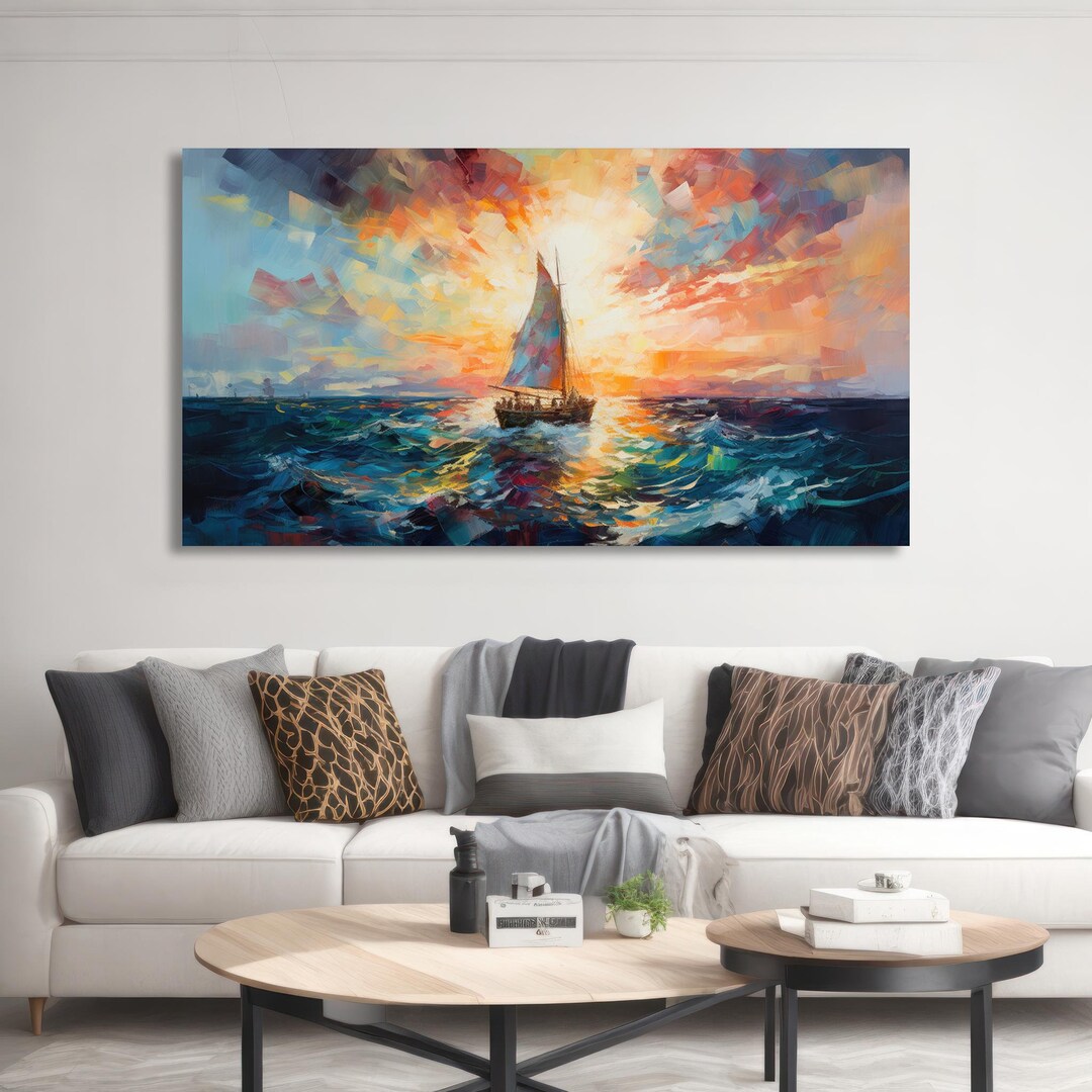 Galleon at Deep Sea Wall Art Print on Canvas, Sunset and Yatch Painting ...