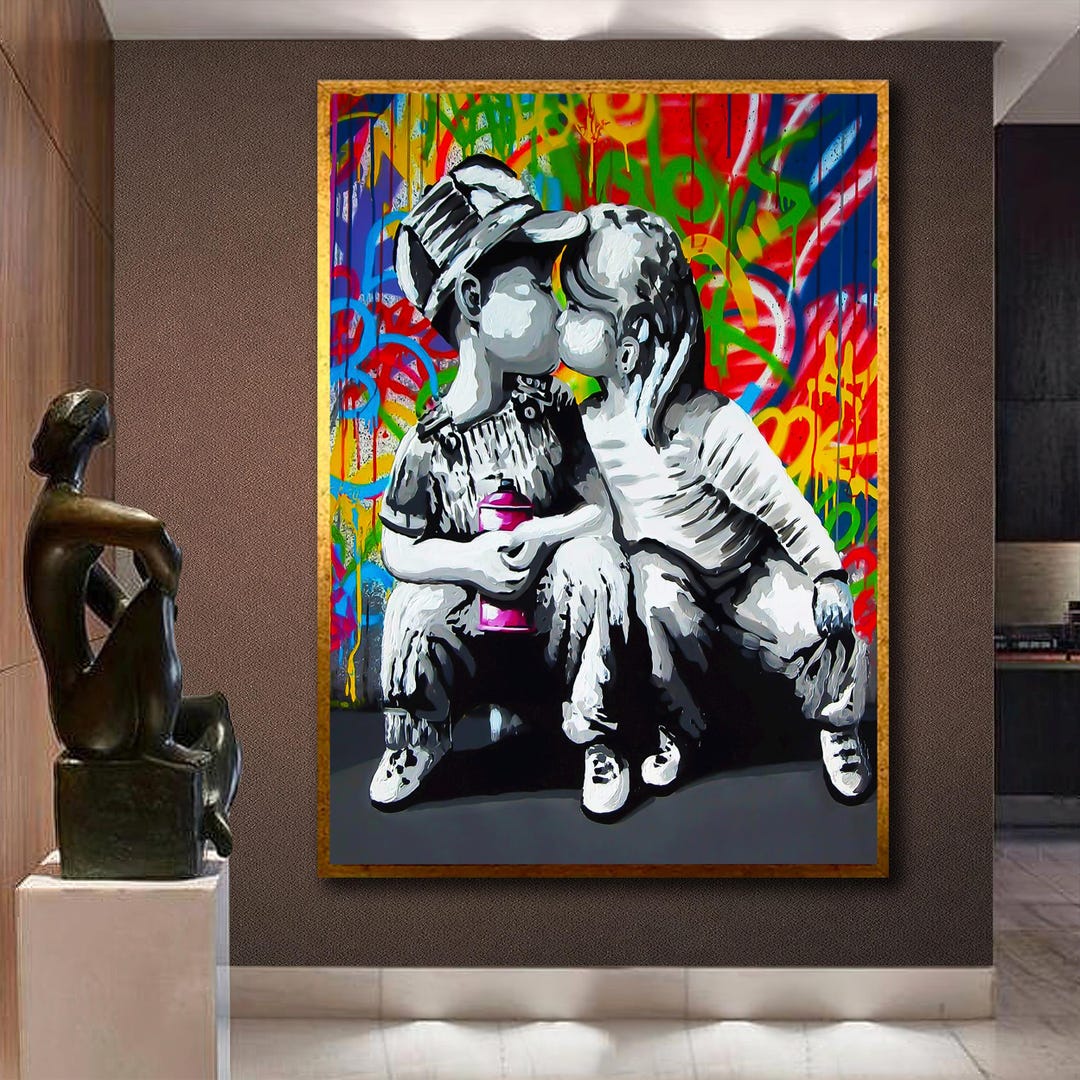 Banksy Kissing Two Little Canvas Wall Art, Banksy Graffiti Print, Urban ...
