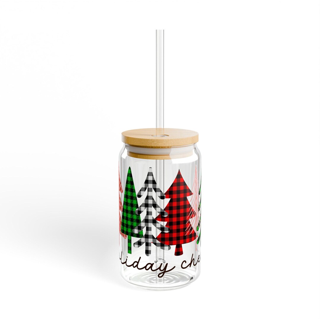 Holiday Cheer With Plaid Trees Sipper Glass, 16oz - Etsy