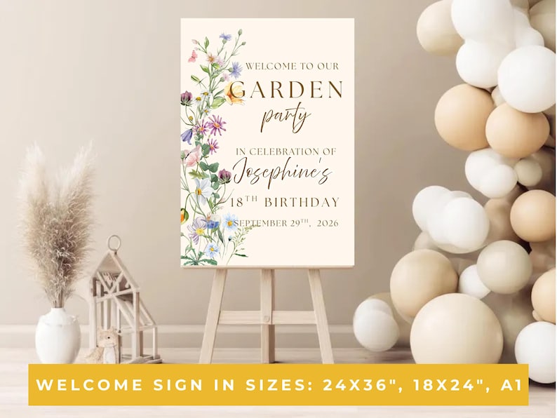 Birthday Party Welcome Sign Wildflower Whimsical Floral Editable Garden ...