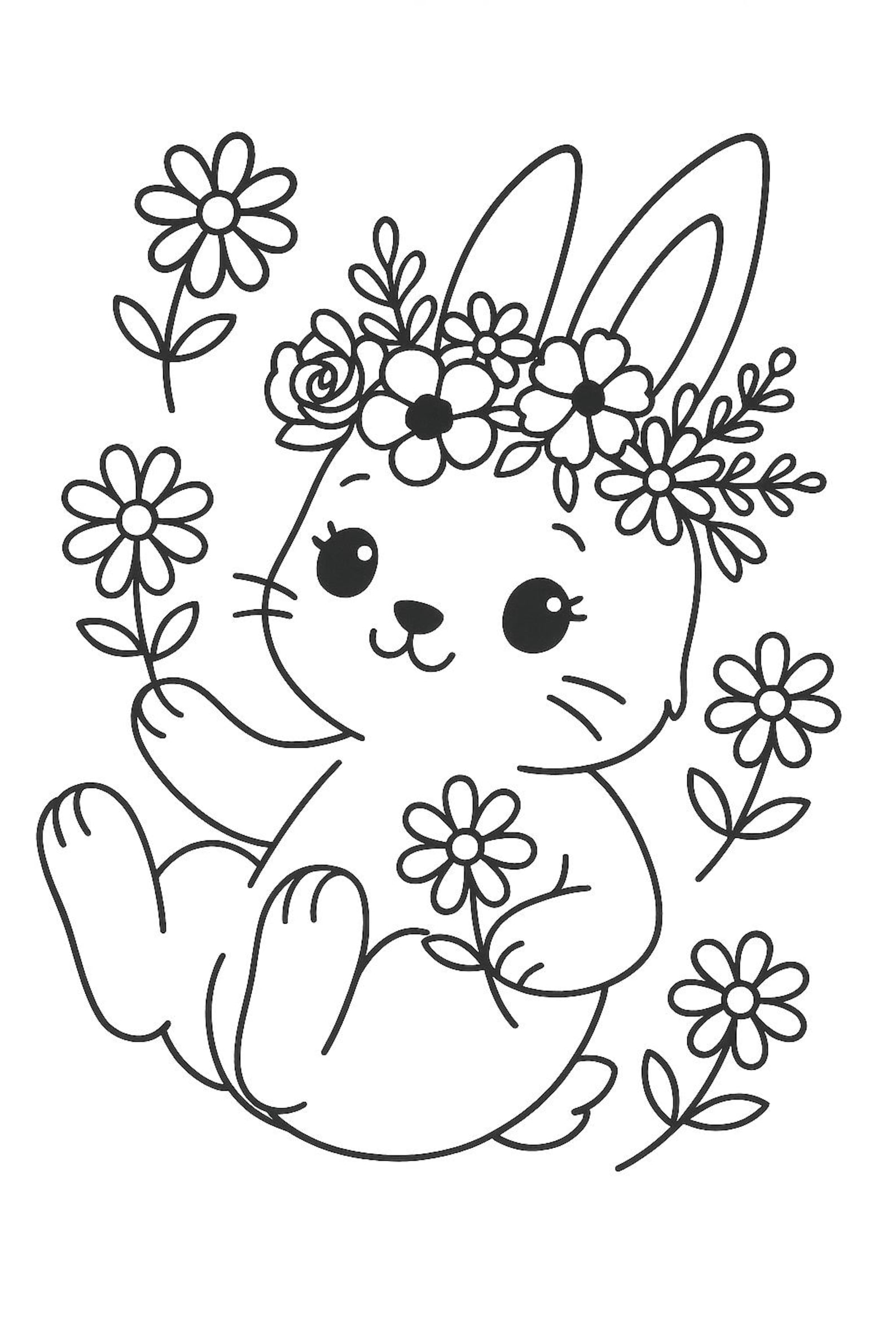 Cute Floral Crown Bunny Coloring Page – Kawaii Rabbit Line Art ...