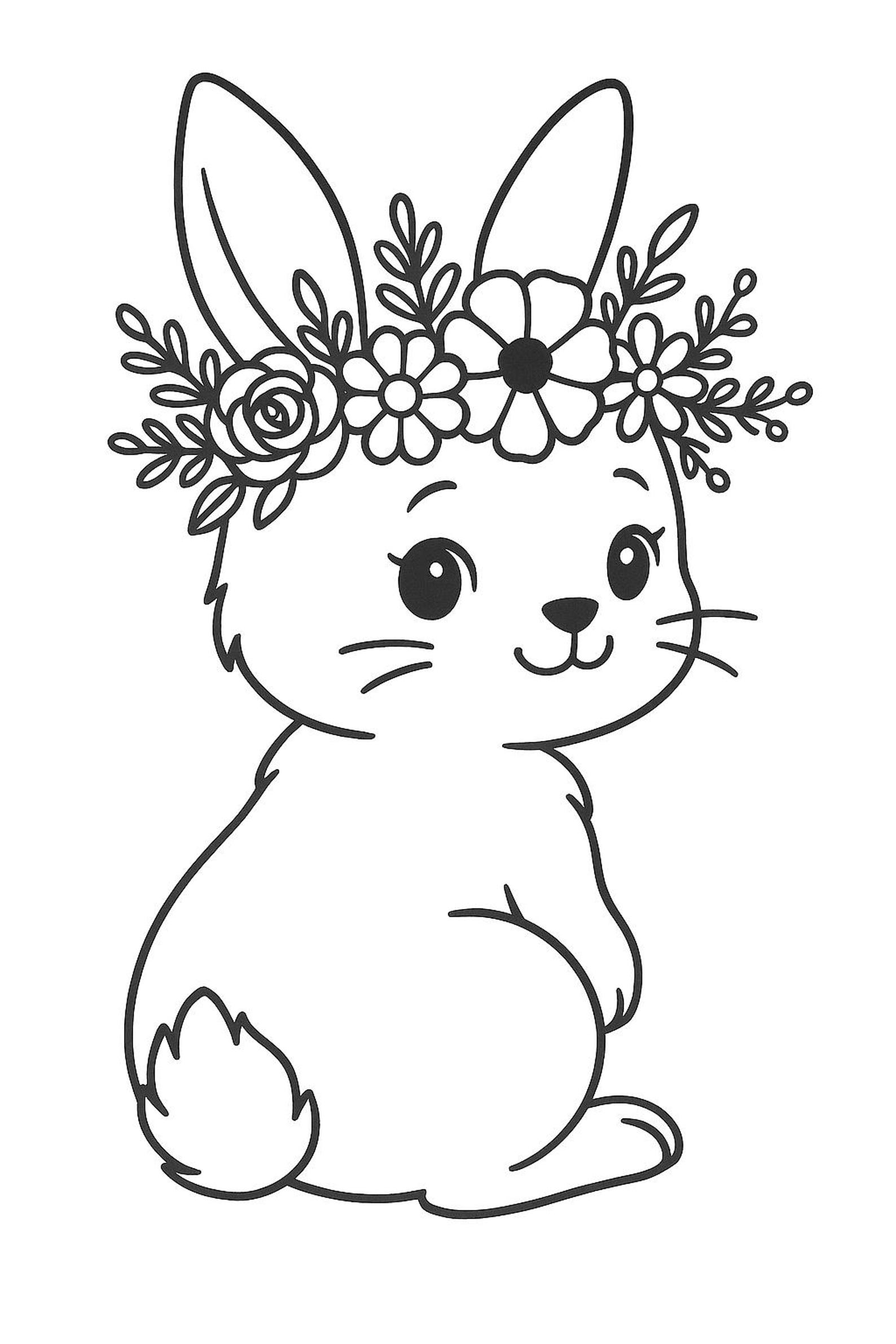 Cute Floral Crown Bunny Coloring Page – Kawaii Rabbit Line Art ...