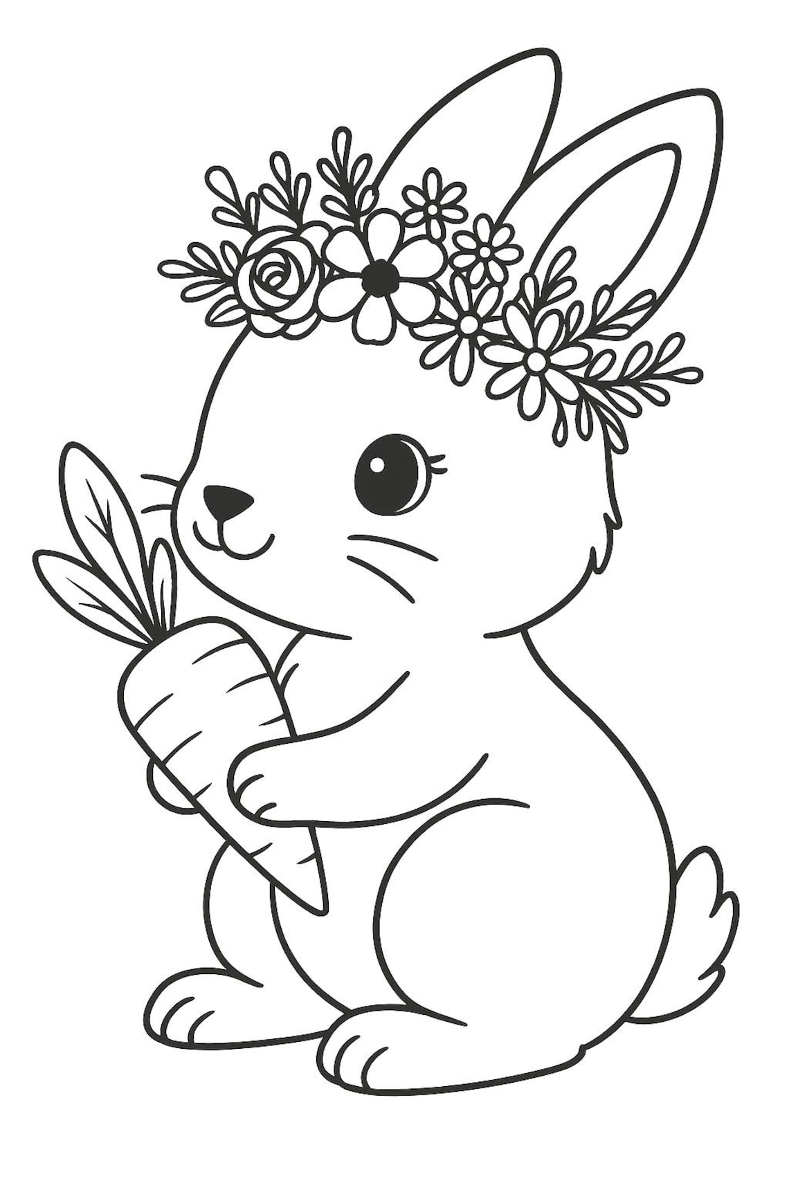 Cute Floral Crown Bunny Coloring Page – Kawaii Rabbit Line Art ...