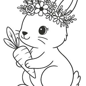 Cute Floral Crown Bunny Coloring Page – Kawaii Rabbit Line Art ...