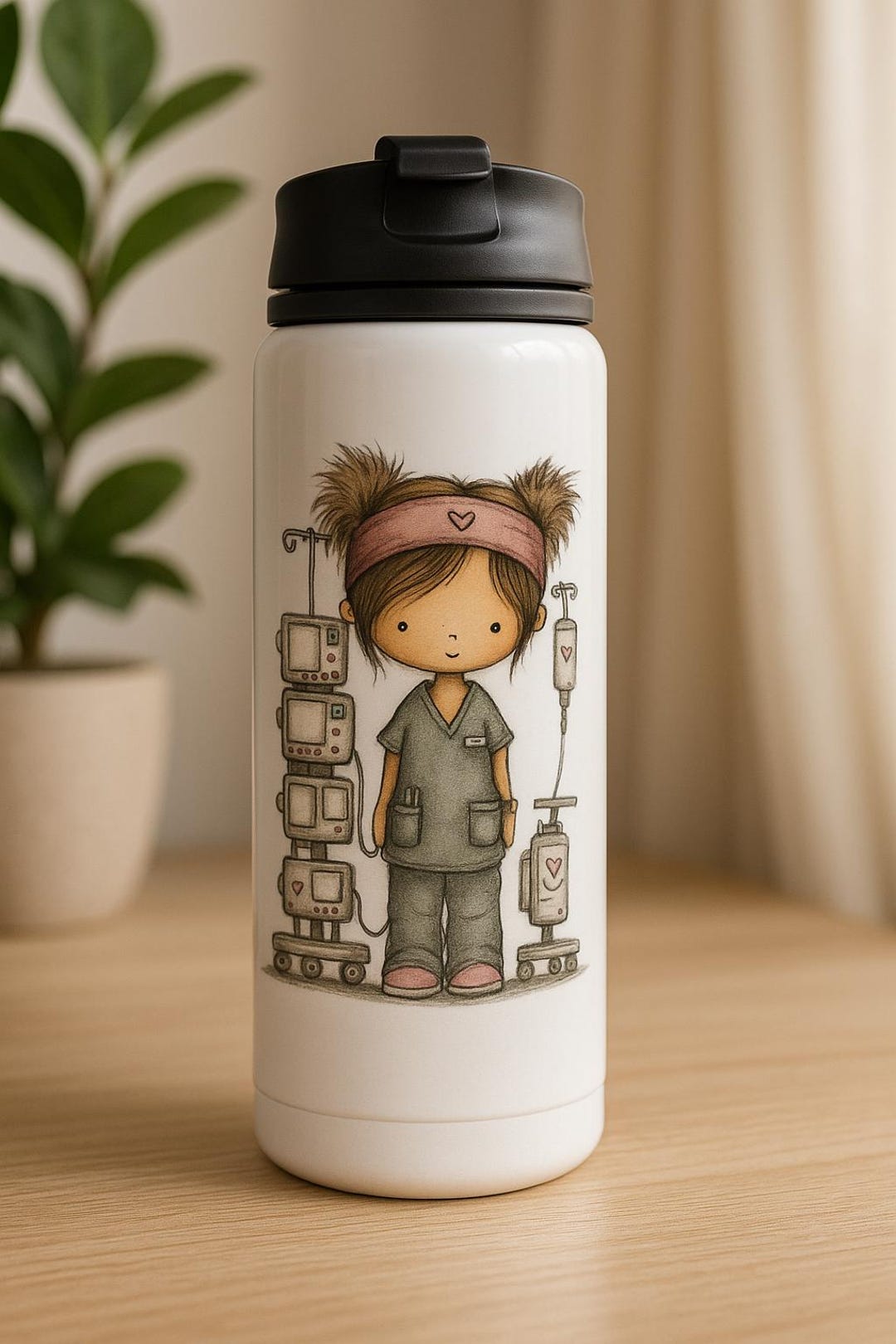 Cute Cartoon ICU Nurse in Grey Scrubs Standing With Monitors and IV ...