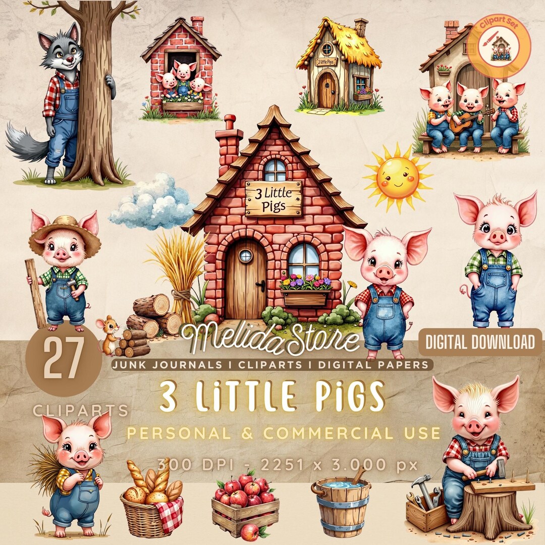 3 Little Pigs Clipart Set: Watercolor Fairytale PNG (digital Download ...