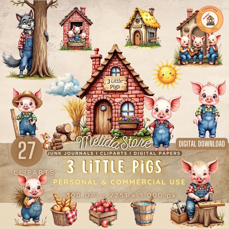 3 Little Pigs Clipart Set | 27 PNG I Wolf PNG I Fairytale Watercolor I ...