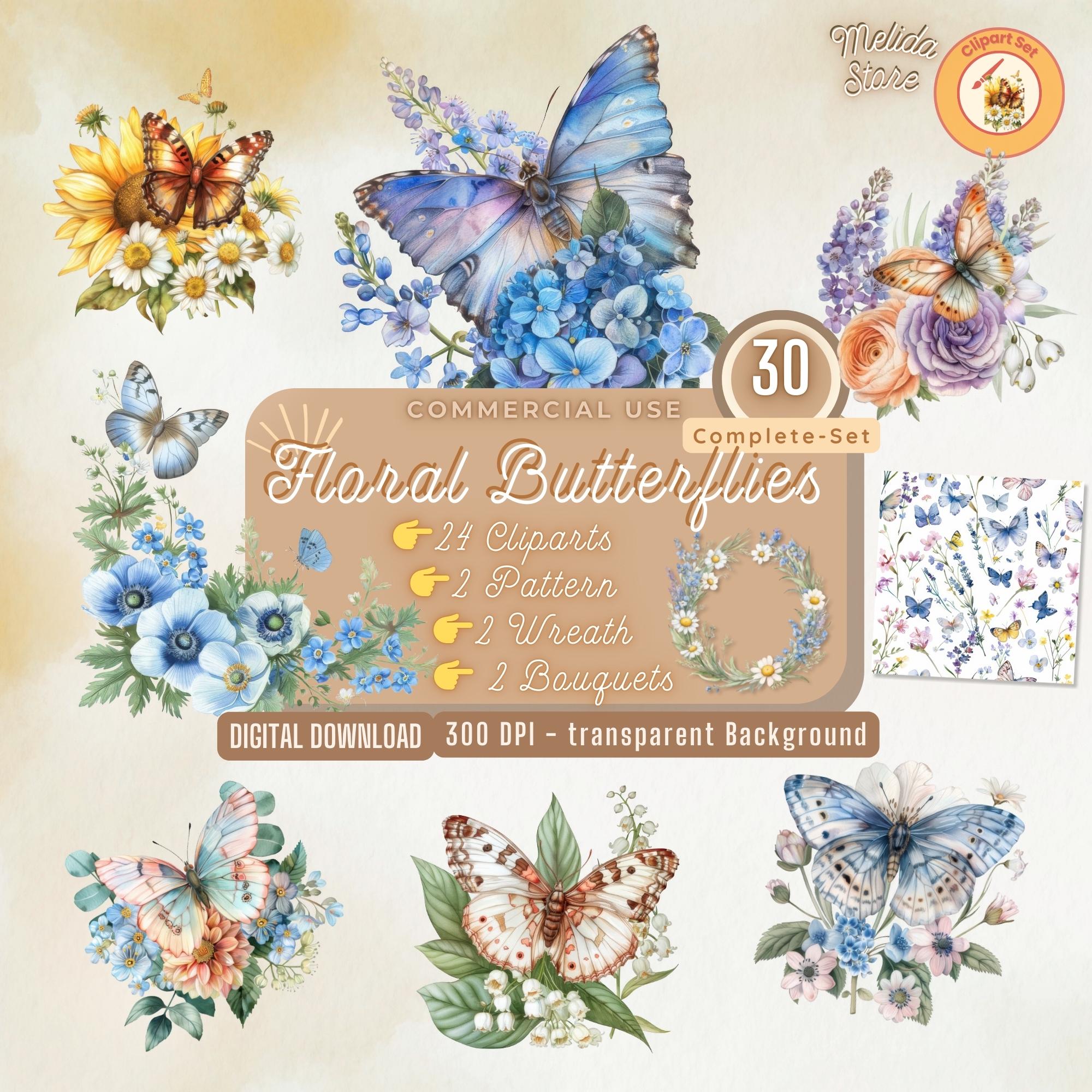 Floral Butterfly Clipart Set | Watercolor Pngs | Spring Summer Flowers ...