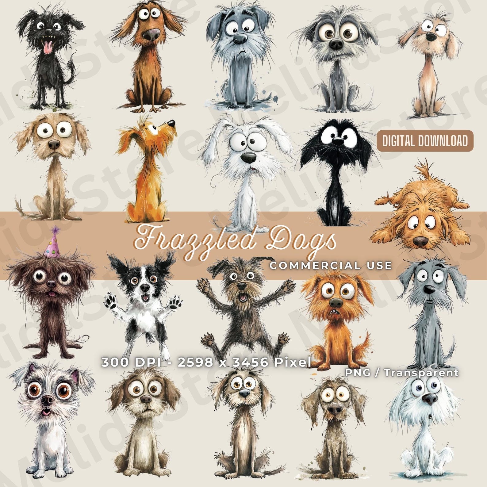 20 Frazzled Dogs-clipart-pack I 20PNG I Cartoon Dogs I Messy Dogs I ...