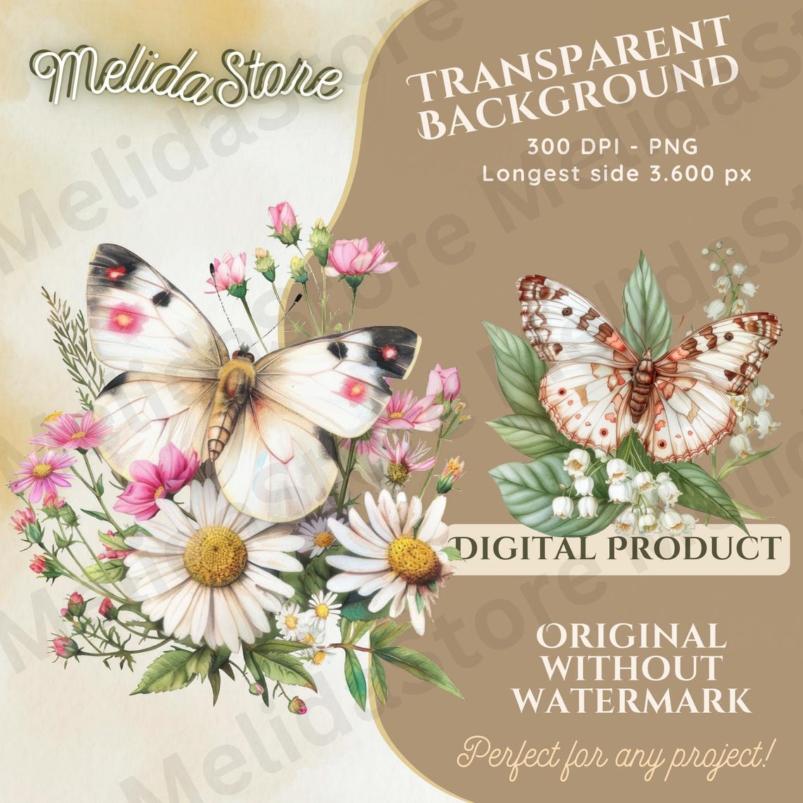 Floral Butterfly Clipart Set | Watercolor Pngs | Spring Summer Flowers ...