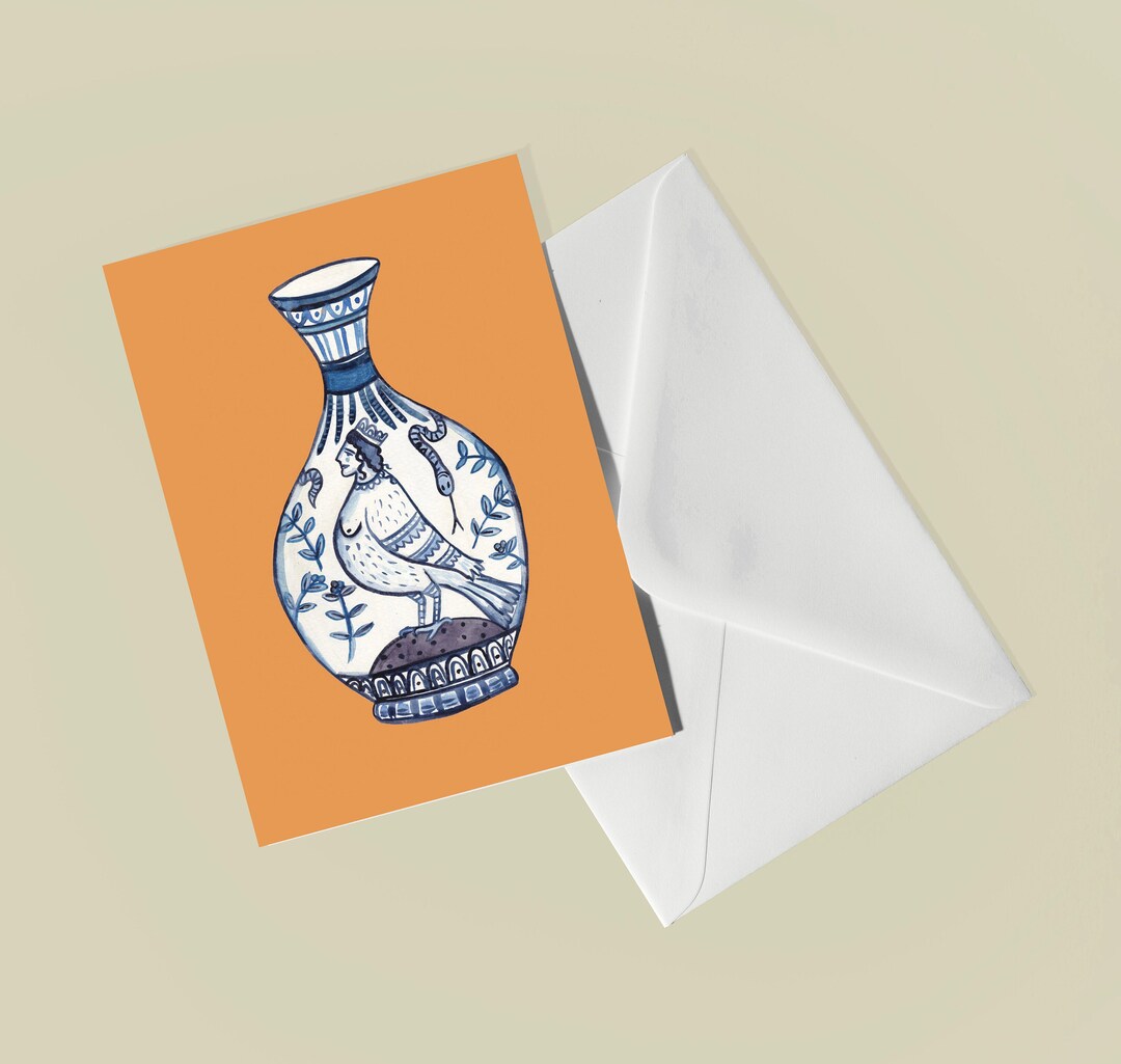 Orange Card / Ancient Greek Pottery / Greek Vase Inspired Card / Blue ...