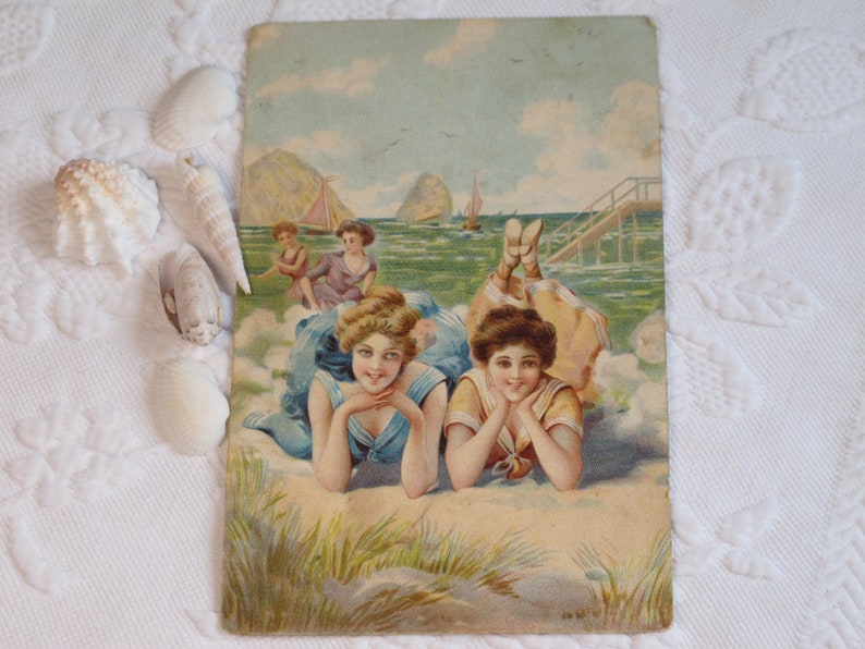 Postcard Bathing Beauty Beach Seaside Scene Antique Edwardian Etsy