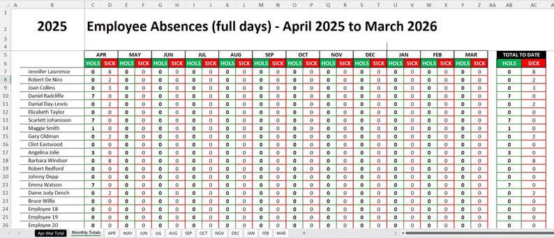 Employees Annual Leave / Absence Tracker Staff Planner APRIL 2026 to ...
