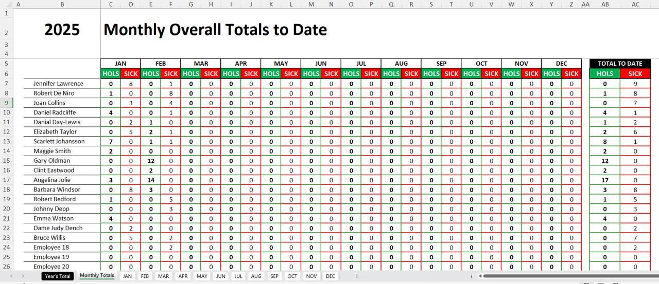2026 Pro JAN-DEC Employees Annual Leave / Absence Tracker Staff Planner ...