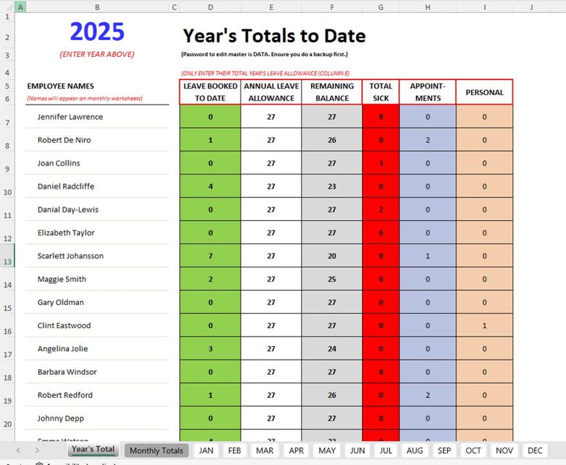 2026 Pro JAN-DEC Employees Annual Leave / Absence Tracker Staff Planner ...