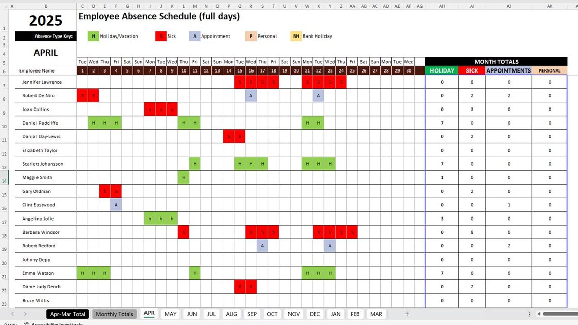 Employees Annual Leave / Absence Tracker Staff Planner APRIL 2026 to ...