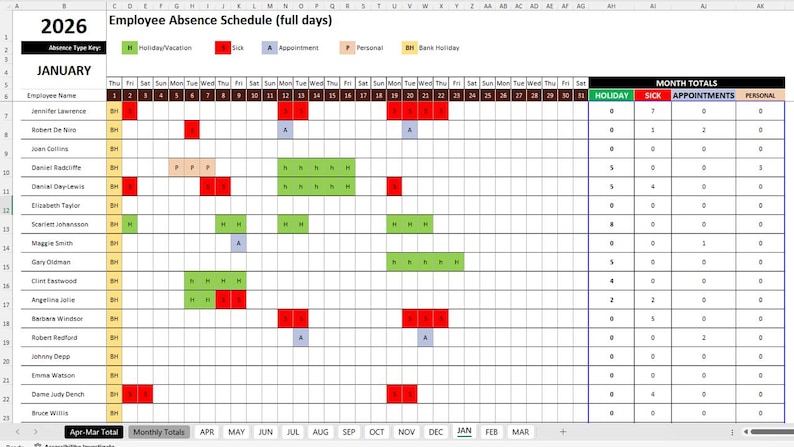 Employees Annual Leave / Absence Tracker Staff Planner APRIL 2026 to ...