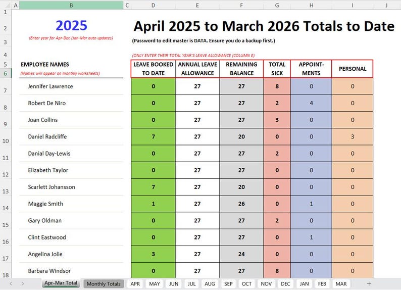 Employees Annual Leave / Absence Tracker Staff Planner APRIL 2026 to ...