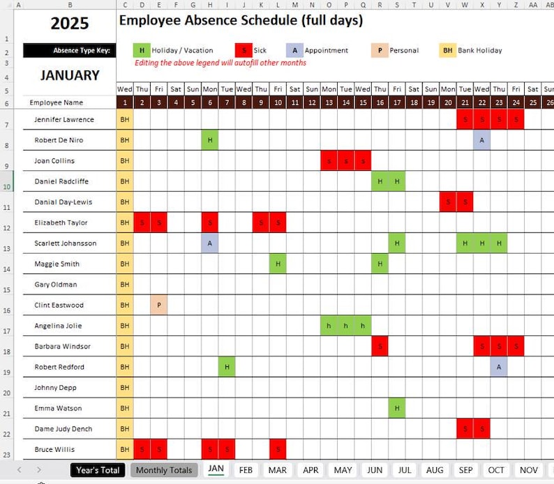 2025 Pro JAN-DEC Employees Annual Leave / Absence Tracker Staff Planner ...