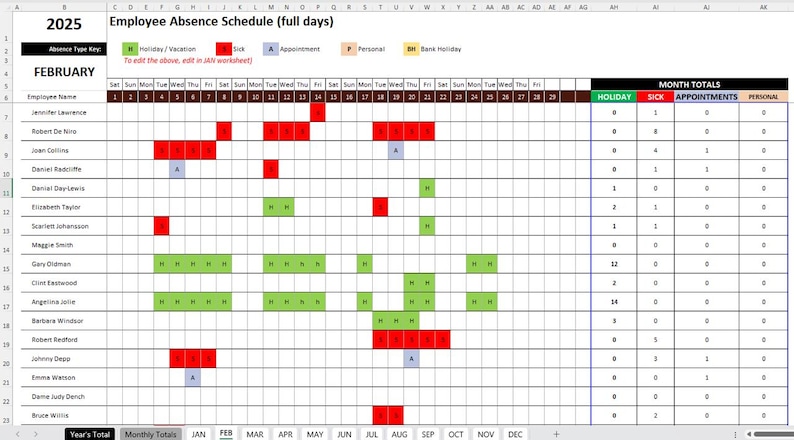 2026 Pro JAN-DEC Employees Annual Leave / Absence Tracker Staff Planner ...
